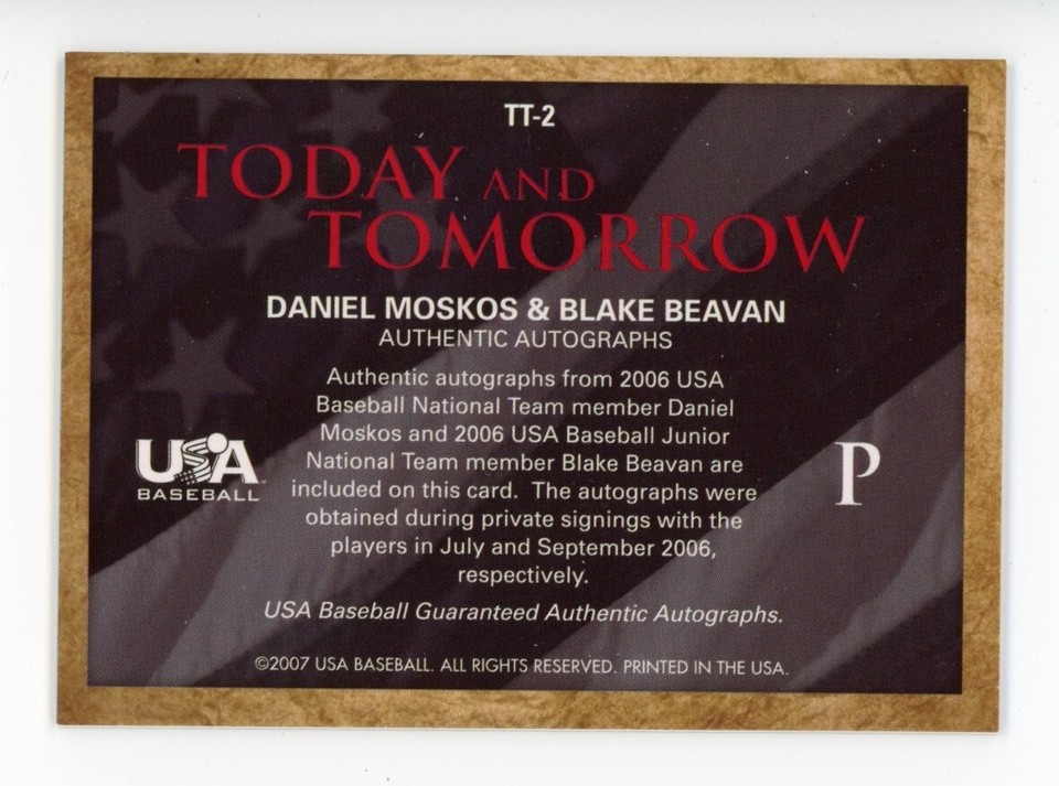 2007 USA Baseball Today And Tomorrow Auto #'d 17/295 Daniel Moskos ...