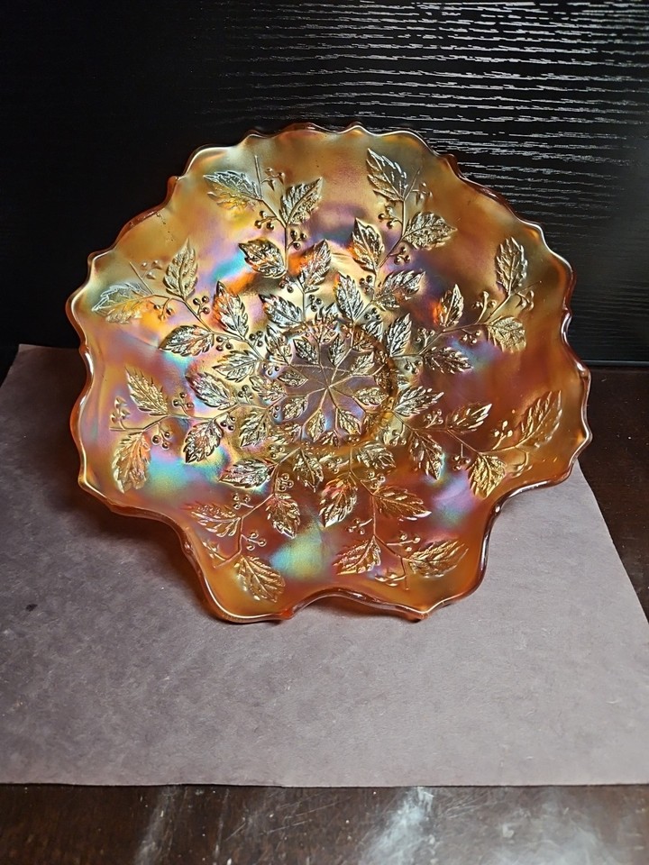 Rare Marigold Uranium Glass Fenton Carnival Holly Pattern Ruffled Bowl ...