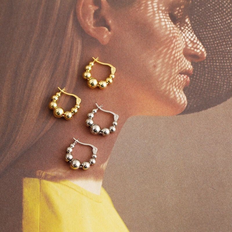 17mm Women Real 925 Sterling Silver Hoop Huggie Beaded Ball Earring ...