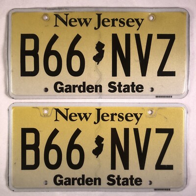 Matching Pair of New Jersey Car License Plates B66 NVZ NJ Plate Black ...