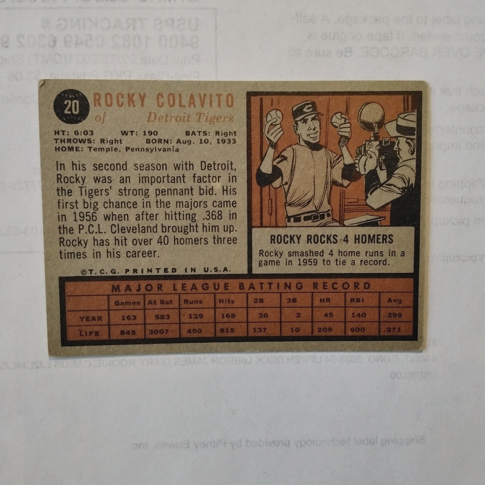 NICE VG.-EX. COND. 1962 TOPPS #20 ROCKY COLAVITO BASEBALL CARD | eBay