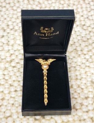 Ann Hand Mace Brooch /Pendant Eagle 18k Gold Plate Overlay Faux Pearl ...