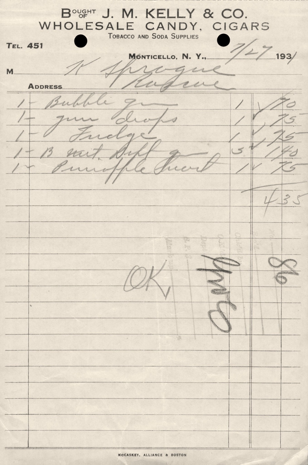 1931 J M Kelly Co Candy Cigars Tobacco & Soda Supplies Monticello NY ...