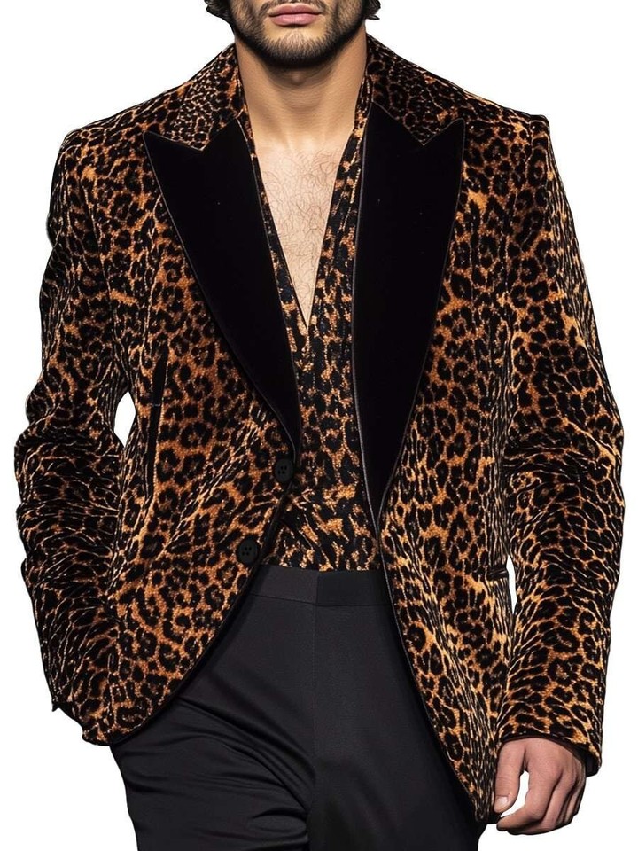 Men's Leopard Print Blazer Peak Lapel Trendy Jacket Vest 2 Pcs Party ...