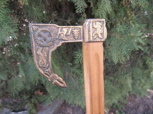 VTG RARE GERMAN WOODEN WALKING STICK CANE TOMAHAWK BRASS MINERS AXE ...