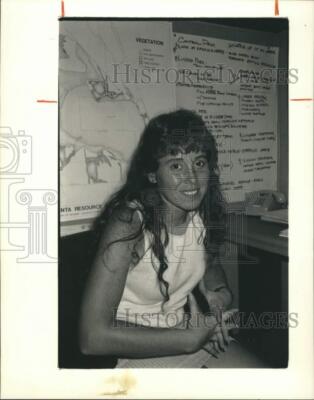 1988 Press Photo Maria Ruggieri at Control Dam Plans and Vegetation Map ...
