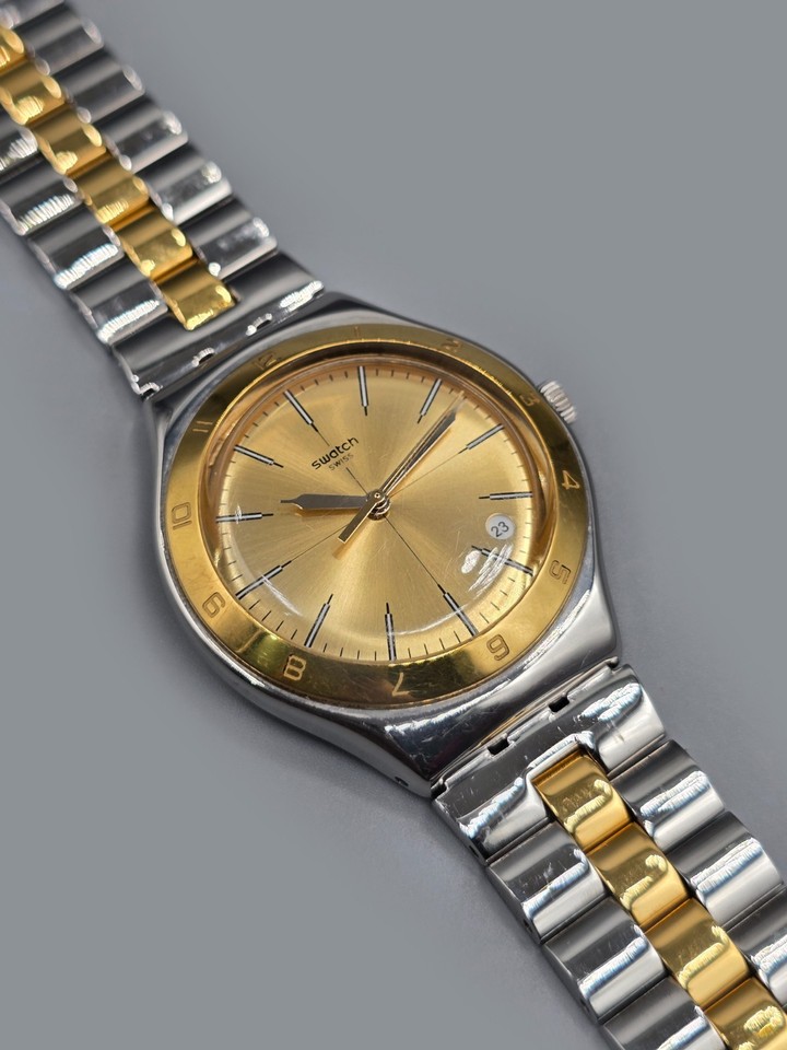 Swatch Irony Gold Bezel Two Tone Men’s Watch Swiss Quartz Stainless ...