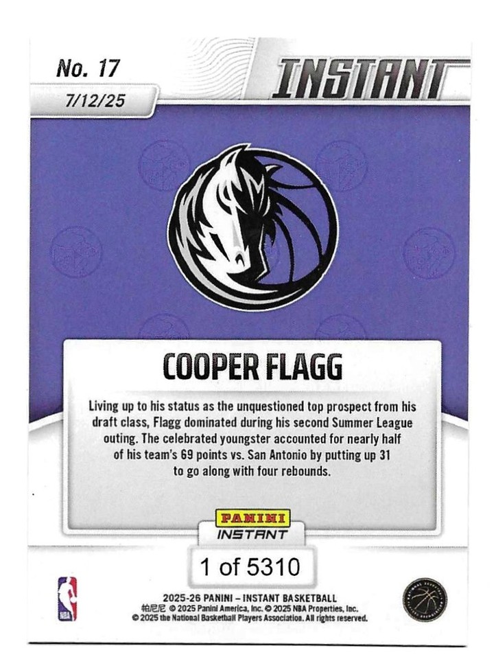 Cooper Flagg ROOKIE 2025-26 Panini Instant NBA Summer League Debut #17 ...