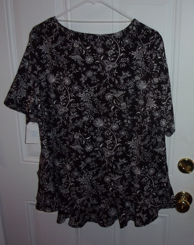 Time and Tru Womens Black/White Short Sleeve Floral Print Top Size ...