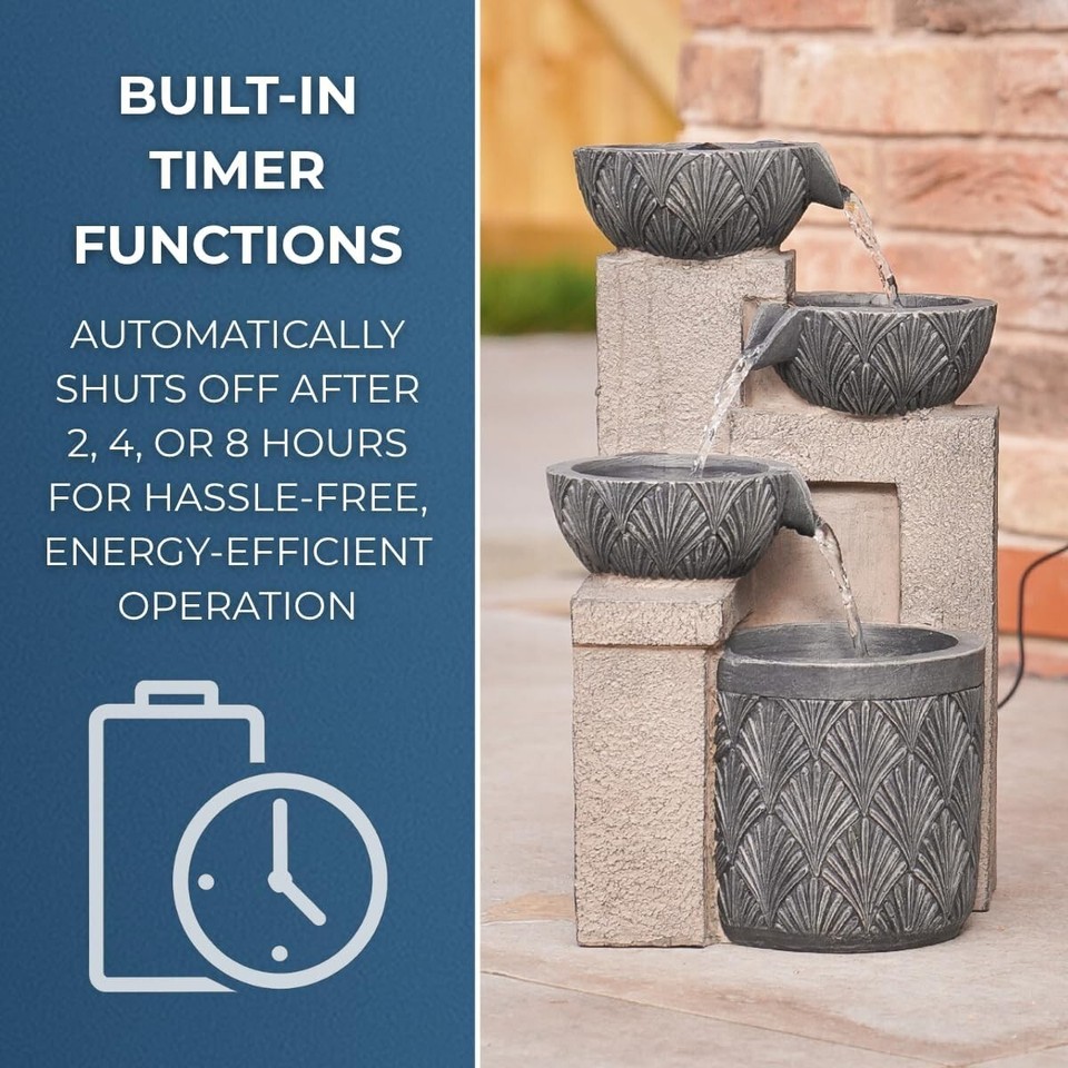 Solar & Mains Power Cascading Bowls LED Lit Timer IP44 Outdoor Water ...