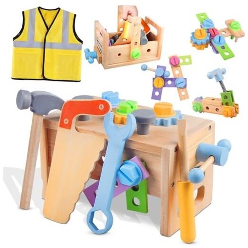 Wooden Kids Tool Set, 30pcs Toy Tools for Toddlers with Vest, Tool Kit ...