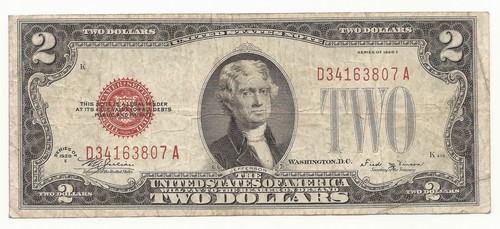 1928-E $2 Two Dollar Bill Red Seal United States Note VG/FINE FREE ...