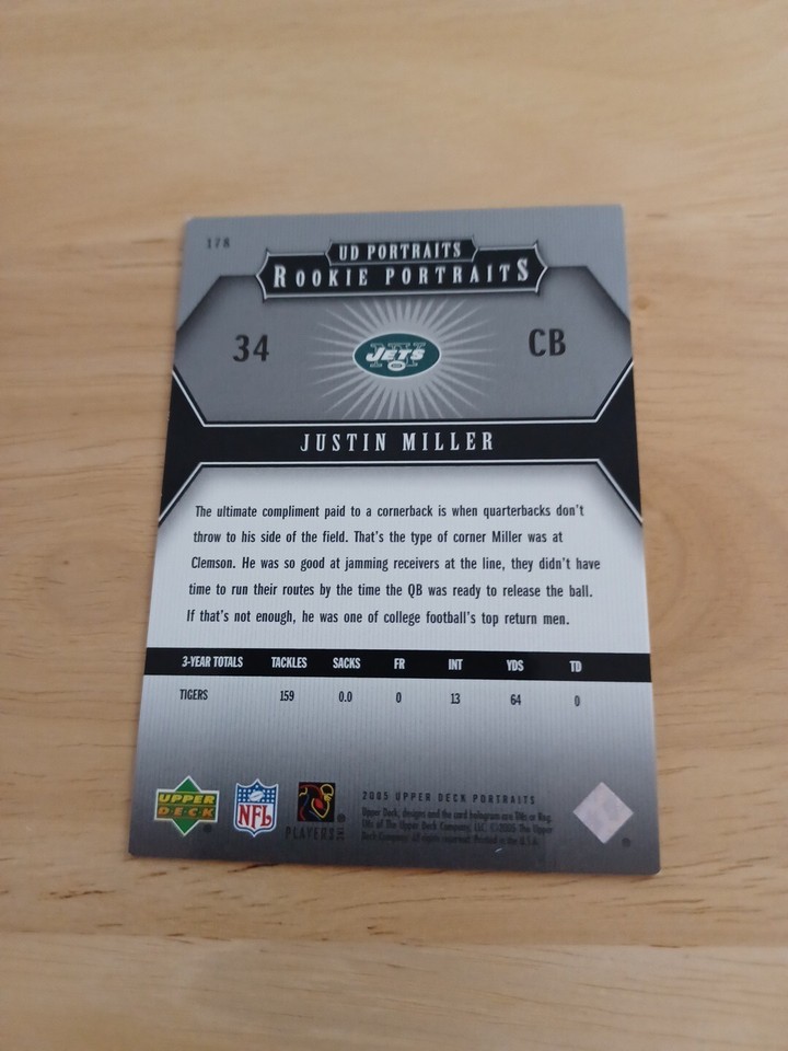 2005 UD Portraits Football Card #178 Justin Miller Rookie #rd /425 Jets ...