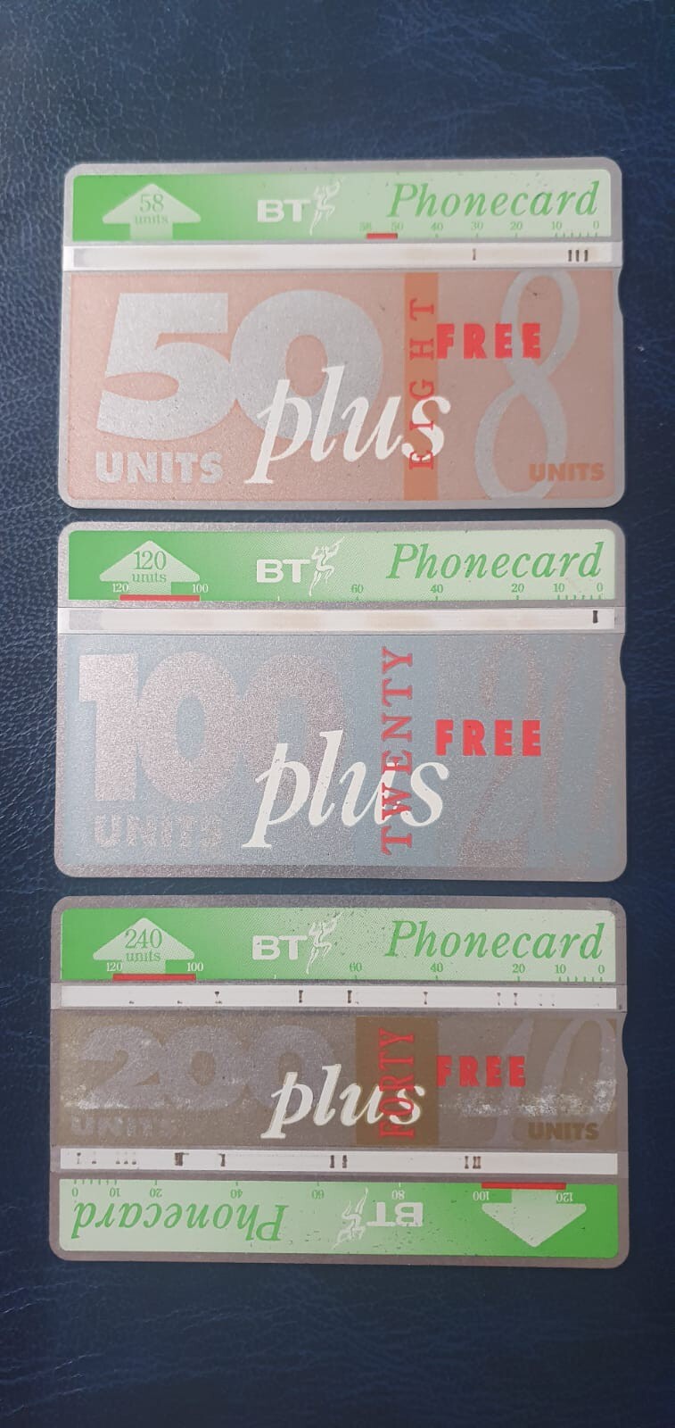 Three BT Phonecards 50+8Units(1), 100+20 Units (1) & 200+40 Units (1 ...