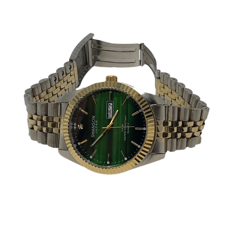 NEW! 45MM Men's Swanson Japan Watch - Green Dial Two Tone Band Water ...