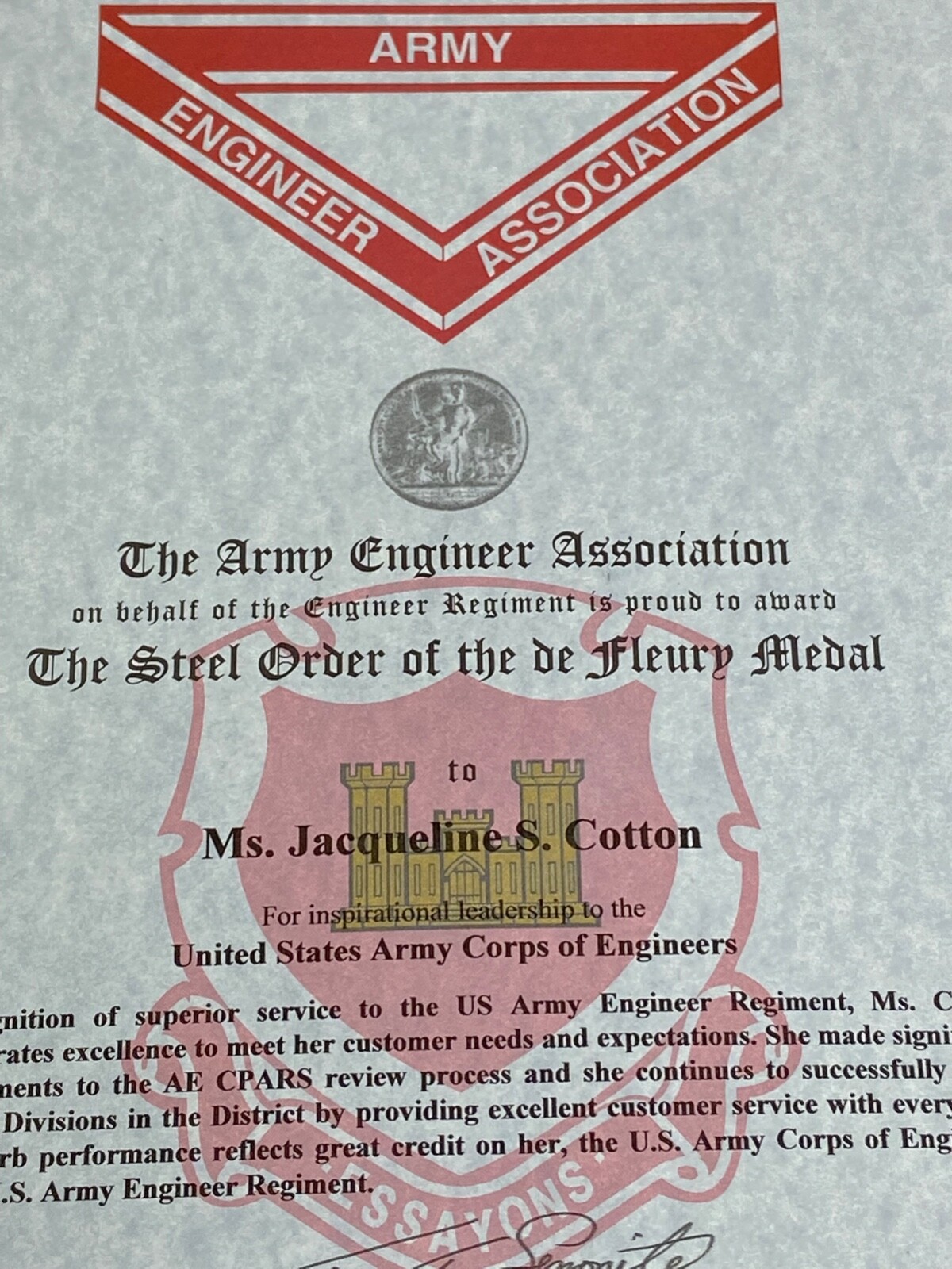 US Army Engineer Association "Steel Order Of The De Fleury Medal ...