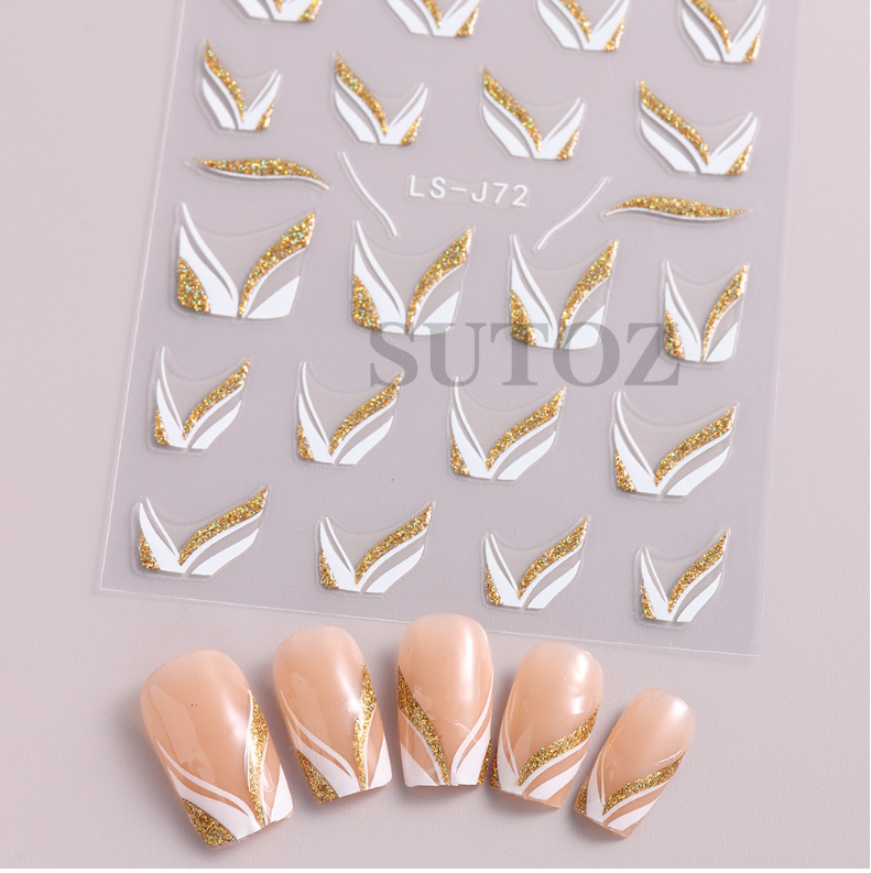 3D Glitter Gold Line Nail Art Stickers Decals French Tip Wavy Fringe ...