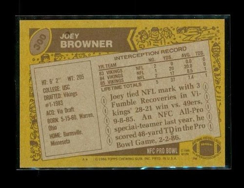 Vintage 1986 TOPPS Football Trading Card #300 JOEY BROWNER Minnesota ...