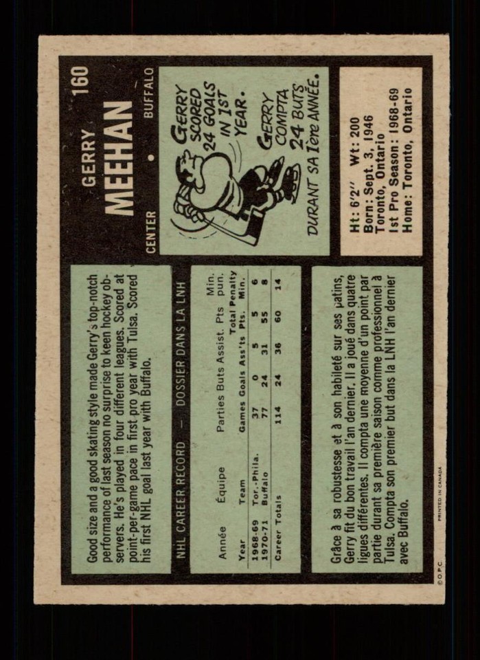 1971 O-Pee-Chee Hockey #160 Gerry Meehan STARX 6 EX/MT (CS28360) | eBay