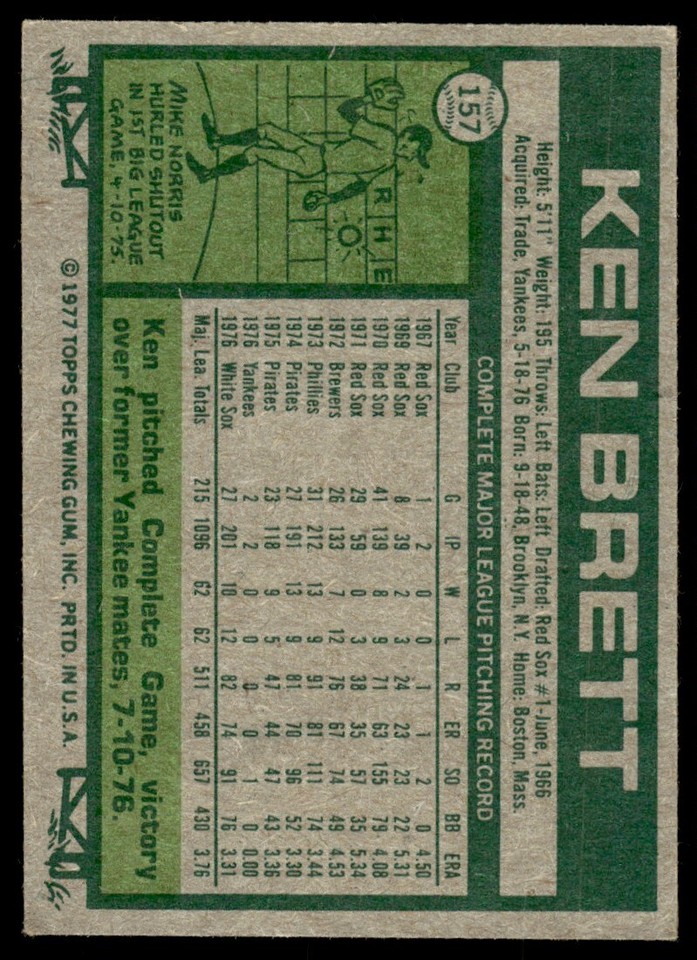 1977 Topps Ken Brett Chicago White Sox #157 | eBay