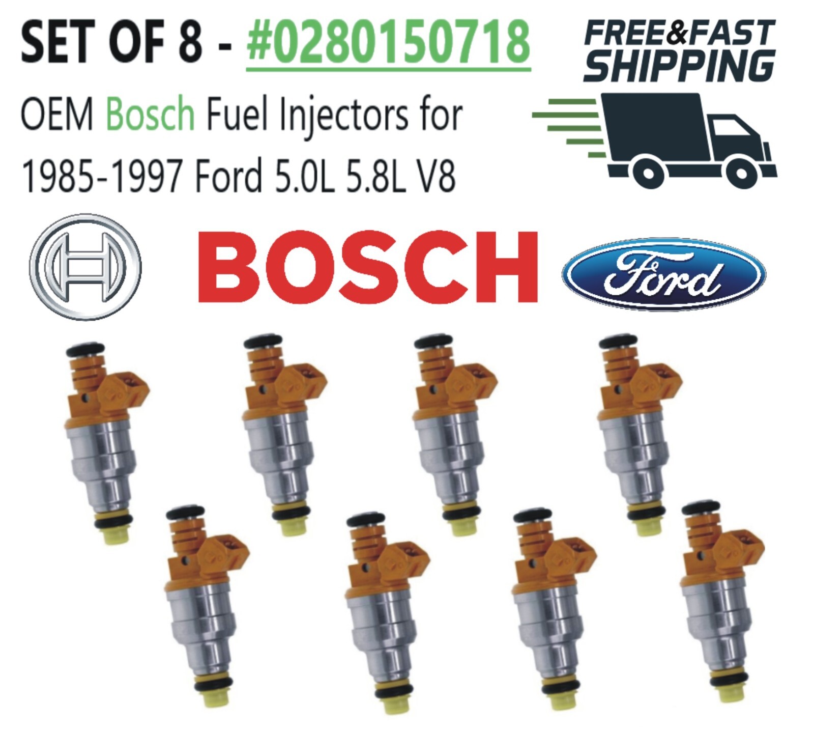 GENUINE Bosch set of 8 Fuel Injectors for 1985-1997 Ford 5.0L 5.8L V8 ...