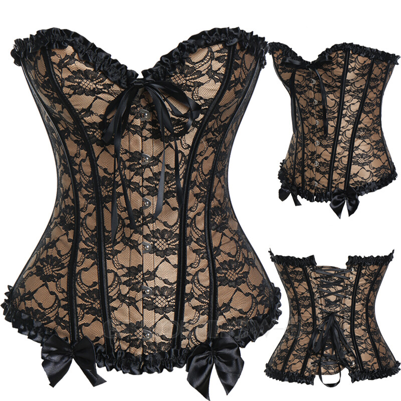 Women's Boned Lace-Up Overbust Top Bustier Burlesque Basque Costume ...