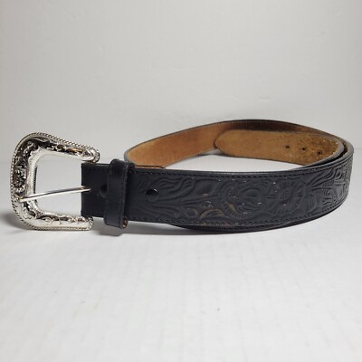 SS Double S Western Tooled Leather Belt Men Sz 42 Black Silver Buckle ...