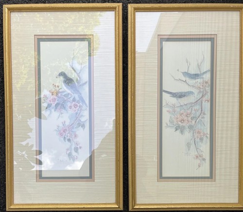 Pair Mary Vincent Bertrand Hand Signed Numbered Birds Dogwood Pink Blue ...