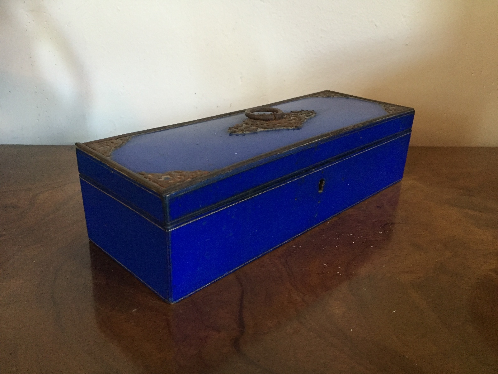 Antique 19th century Wood Blue Lacquer Box Steel Mounts Moreen Lining ...