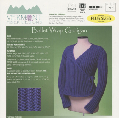 Vermont Fiber Designs Knitting Pattern 154 Ballet Wrap Cardigan 27"-67. ...