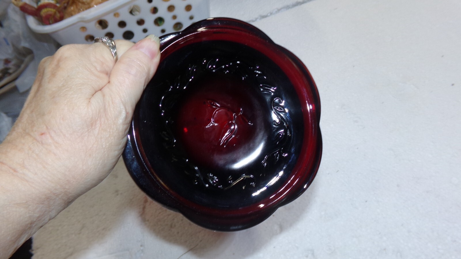 BLOOD RED RUBY VASE EMBOSSED FLOWERS SCROLL WORK SIGNED ON BOTTOM L AND ...