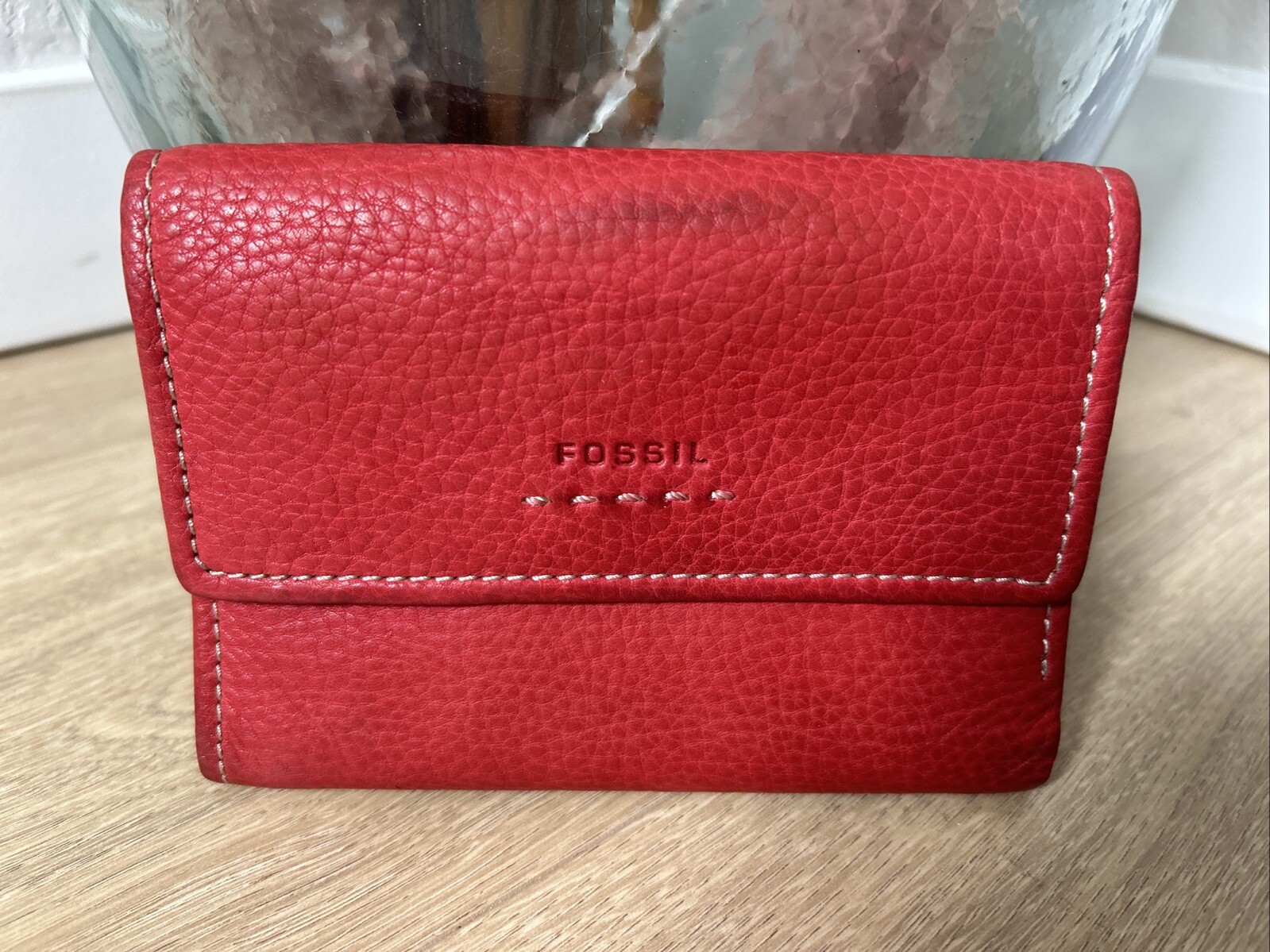 Fossil Wallet Women's Tri Fold Snap Flap Red Pebble Leather Stitching ...