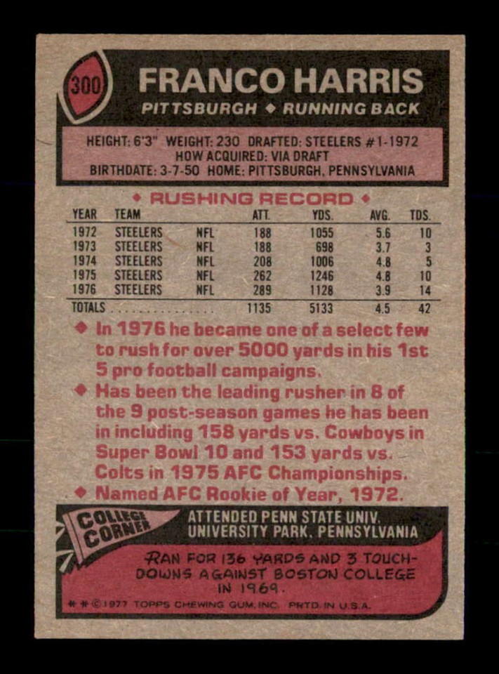 1977 Topps #300 Franco Harris AP NM+ X3263260 | eBay