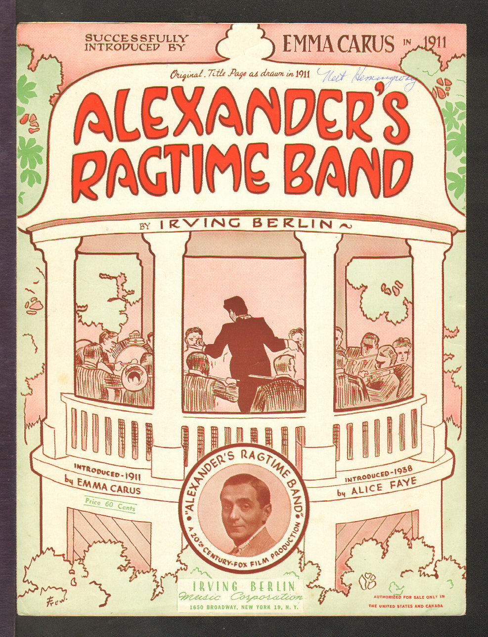 Alexander's Ragtime Band 1938 Emma Carus/Alice Faye Souvenir Ed Sheet ...