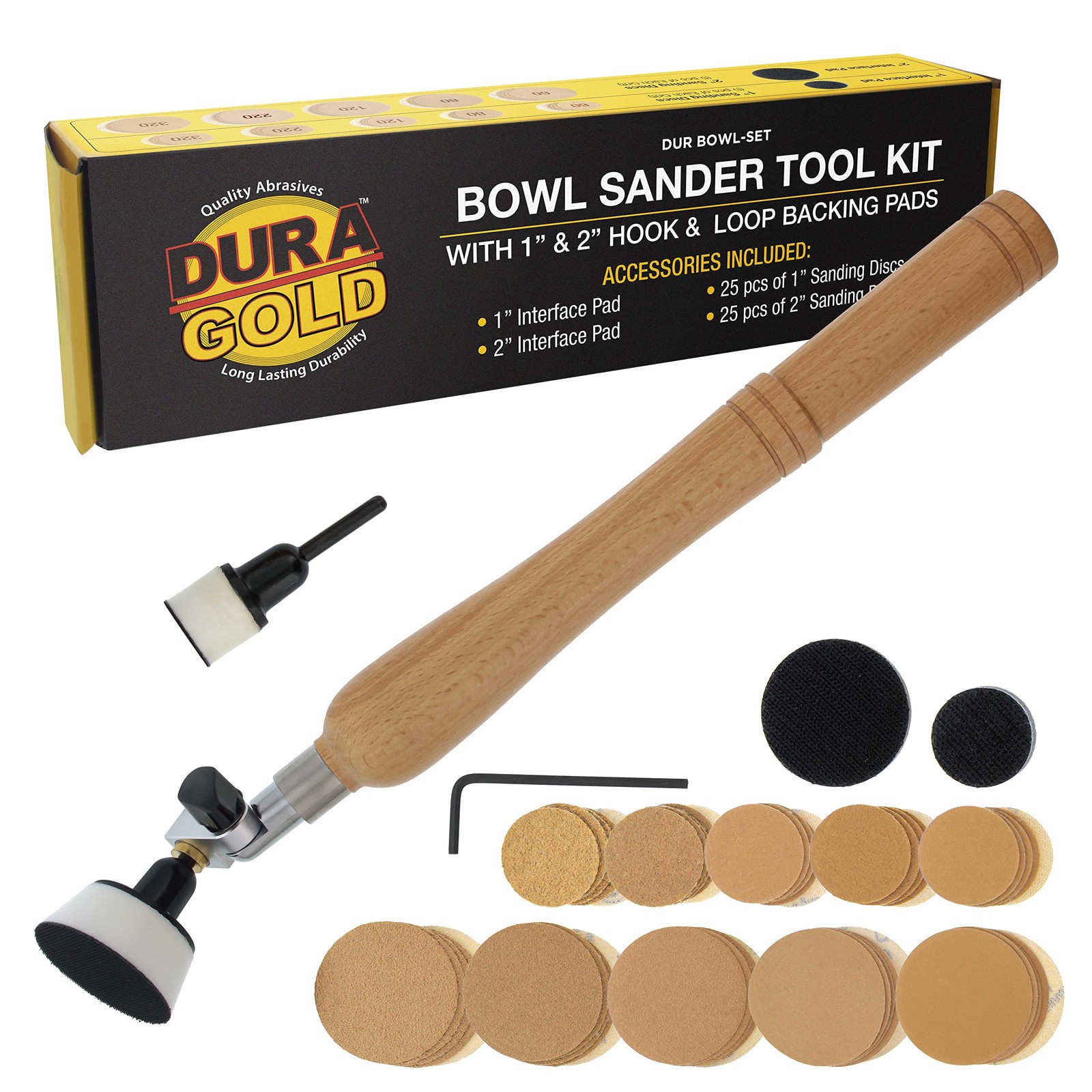 Woodturning Bowl Sander Tool Kit - 1" & 2" Hook & Loop Backing Pads, 50 ...