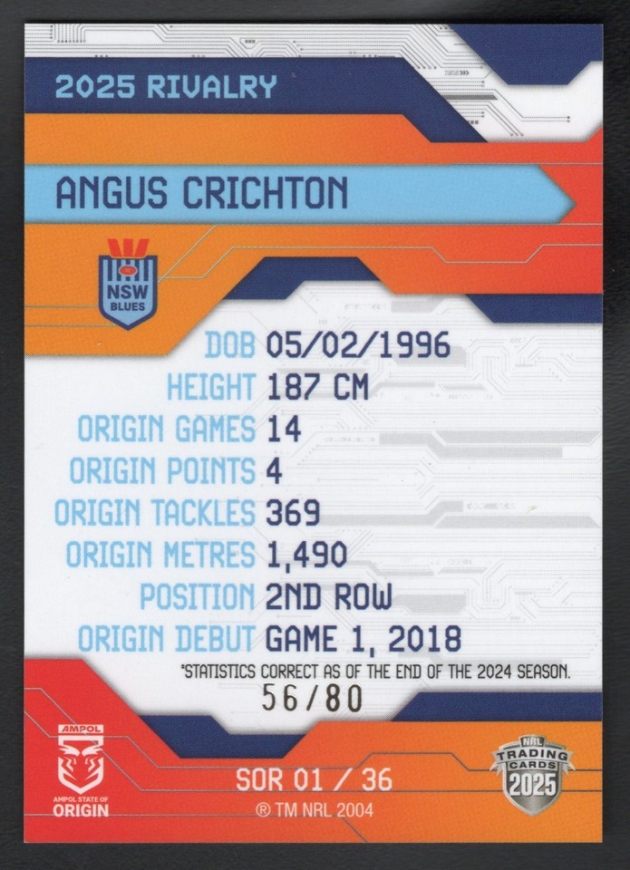 2025 NRL RIVALRY STATE OF ORIGIN ORANGE CARD - SOR01 Angus CRICHTON ...