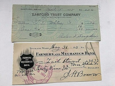 (2)Vintage Bank Checks- Farmers & Mechanics Bank(1911) & Sanford Trust ...