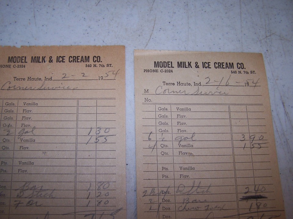 1954 MODEL MILK & ICE CREAM Invoices Receipts TERRE HAUTE INDIANA | eBay