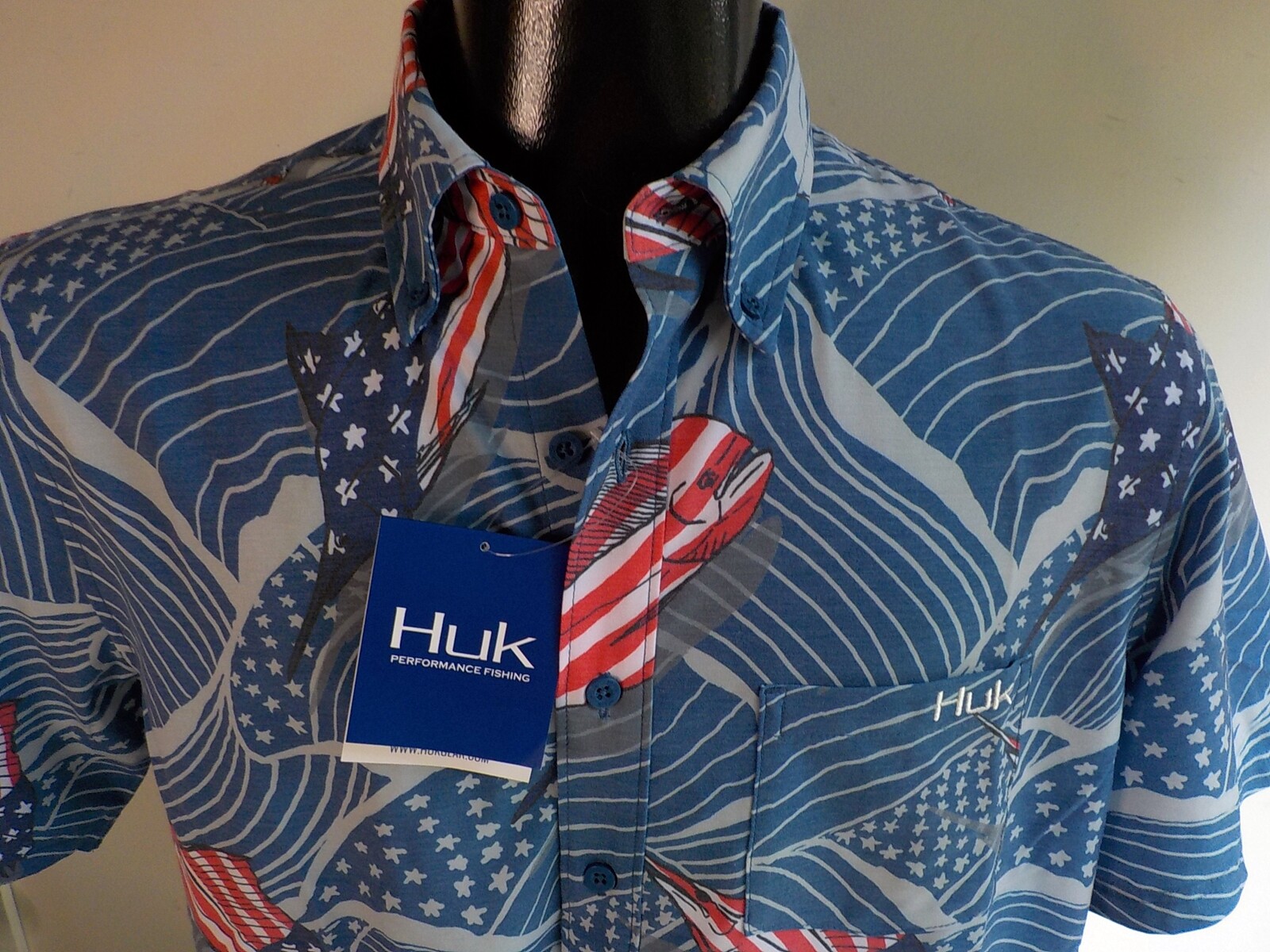 HUK Kona Fins N Stripes SS Fishing Shirt Red/White/Blue Poly Blend SZ S ...