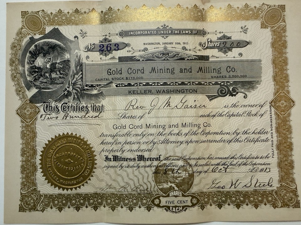 1913 Gold Cord Mining and Milling Co. Stock Certificate #263 ...