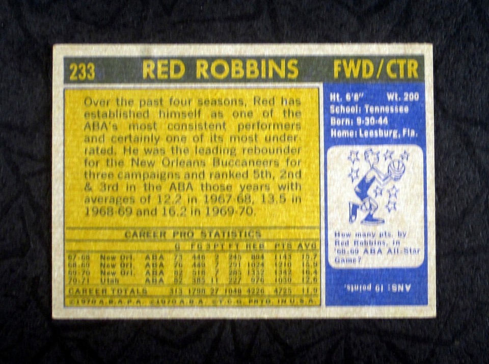 1971 TOPPS SET BREAK Red Robbins #233 Utah Stars VG+ crease CENTERED | eBay
