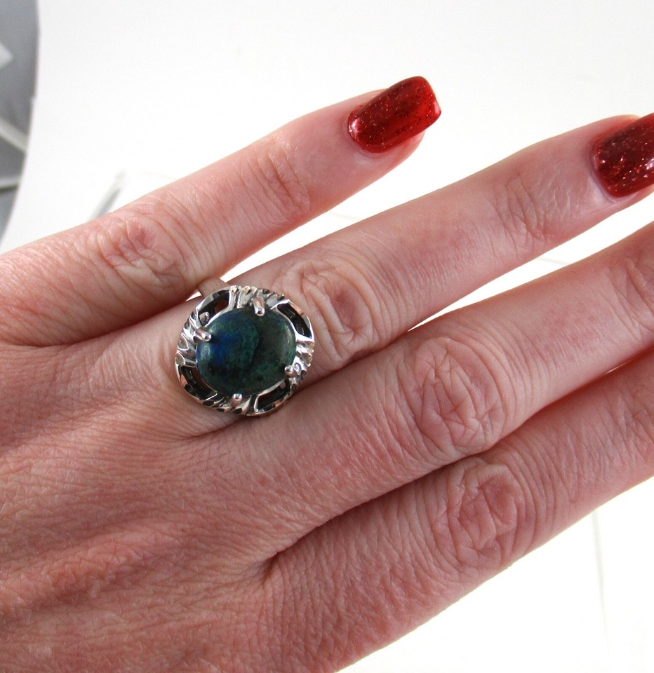 .925 Sterling Silver Ocean Jasper Ring Blue Green Oval Cabochon s6 ...