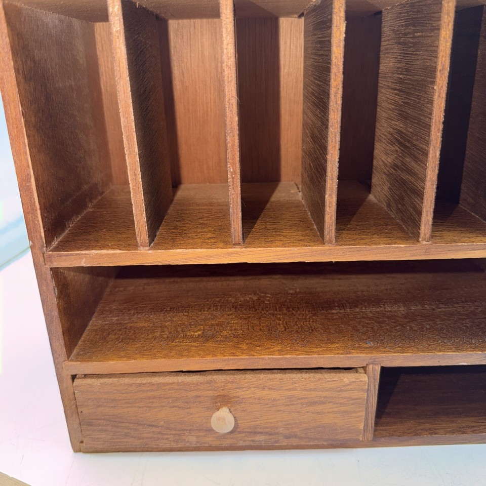 Old Tim Wood Wooden Desk Office Letter Drawer Box Organizer Cubbies MCM ...
