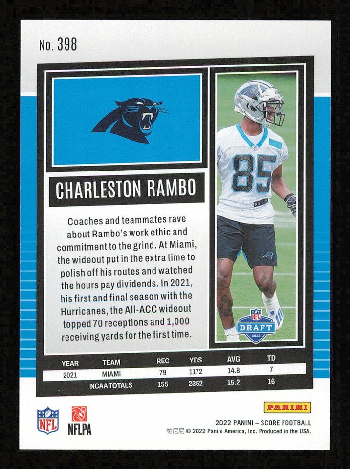 Charleston Rambo 2022 Panini Score RC Rookie #398 Carolina Panthers | eBay