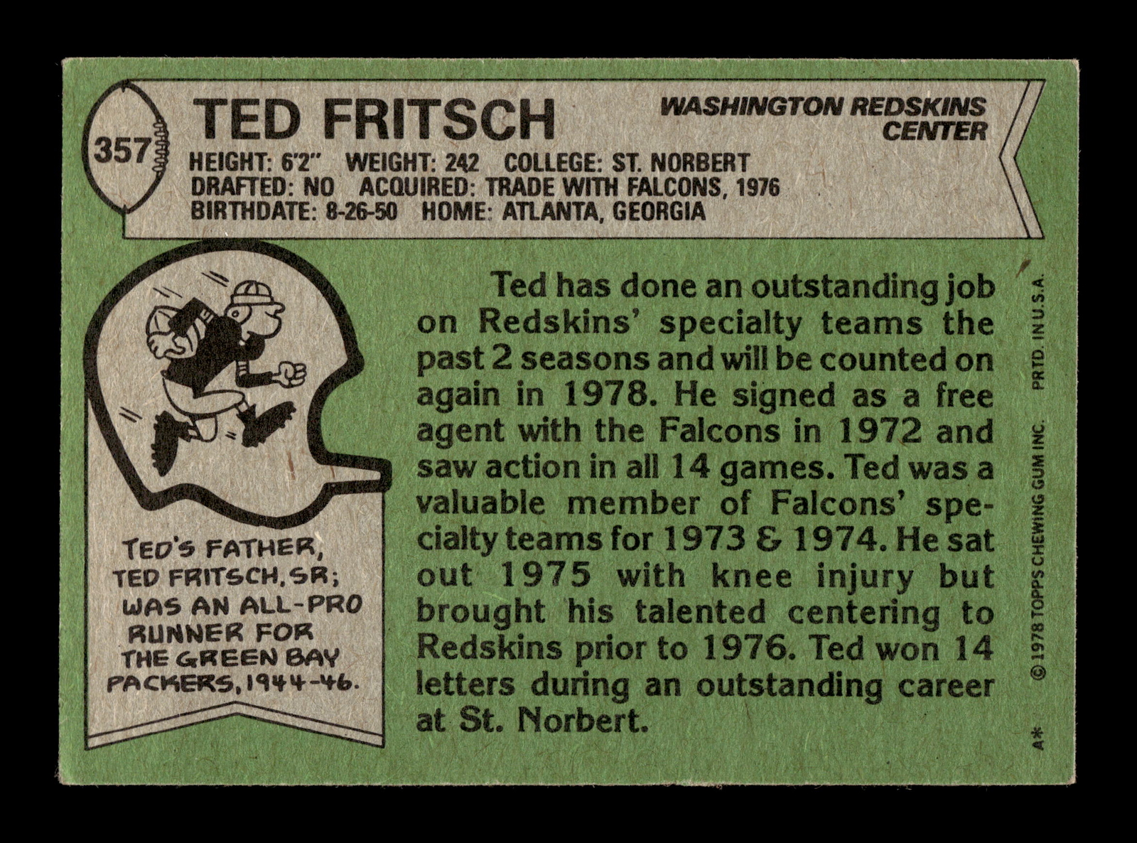 1978 Topps Football #357 Ted Fritsch Jr. Washington Redskins | eBay