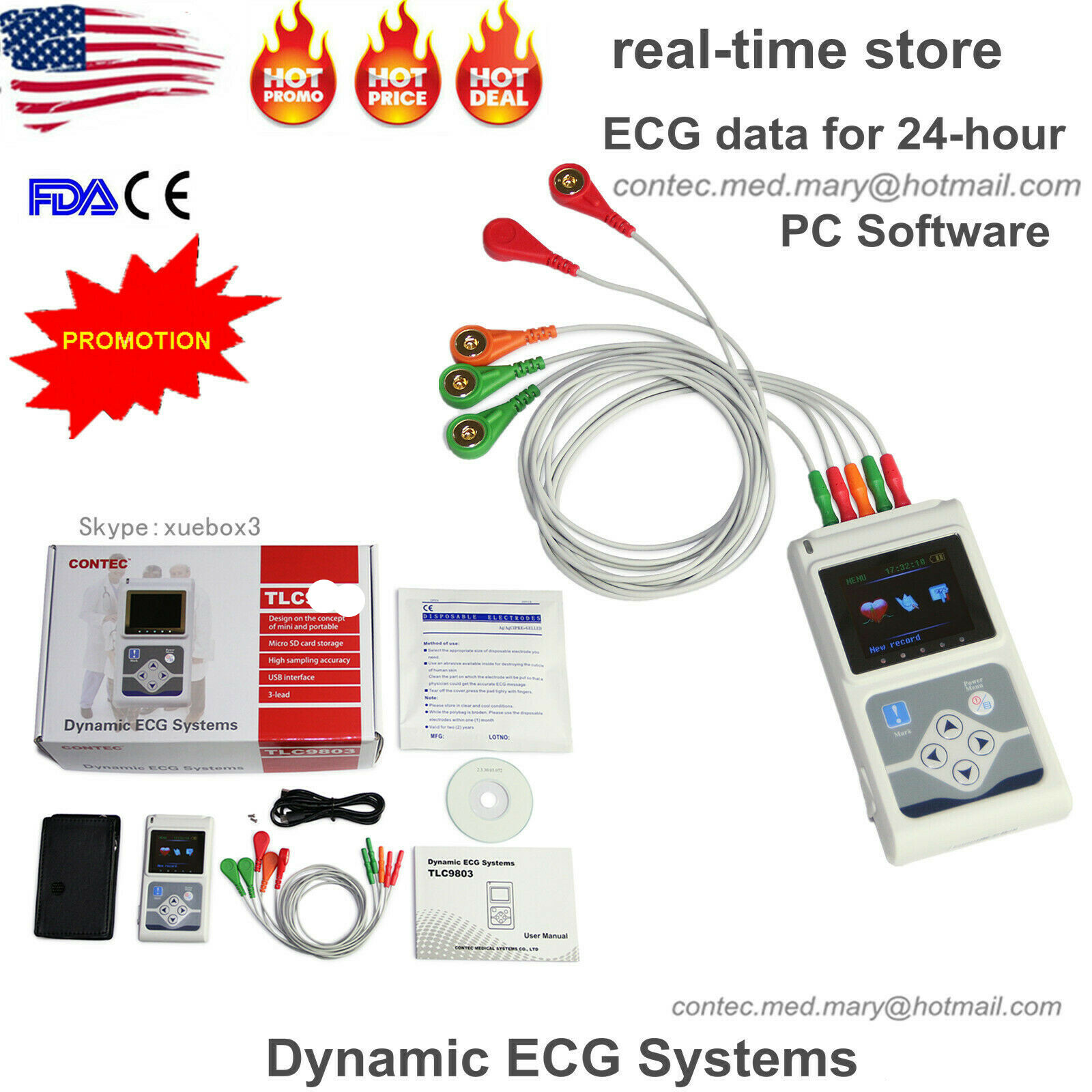 CONTEC 3-Channel 24 Holter Monitor ECG/EKG System pacemaker Analyzer ...