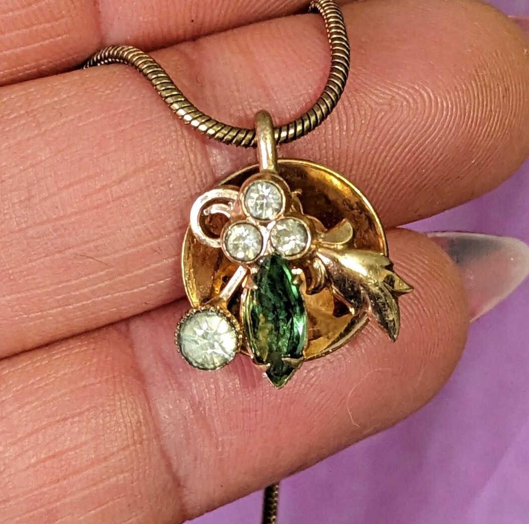 antique gf green marquee rhinestone pendant necklace - Gem