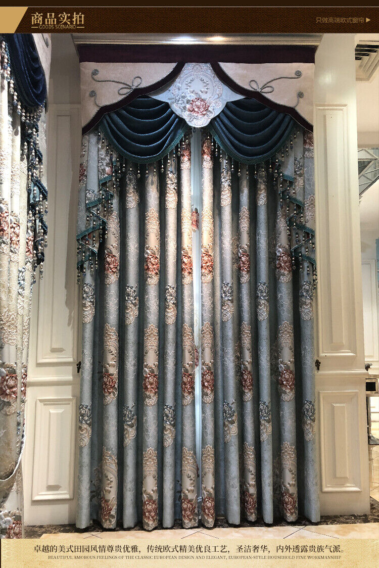 Luxury European relief jacquard blue cloth curtain tulle valance drape ...