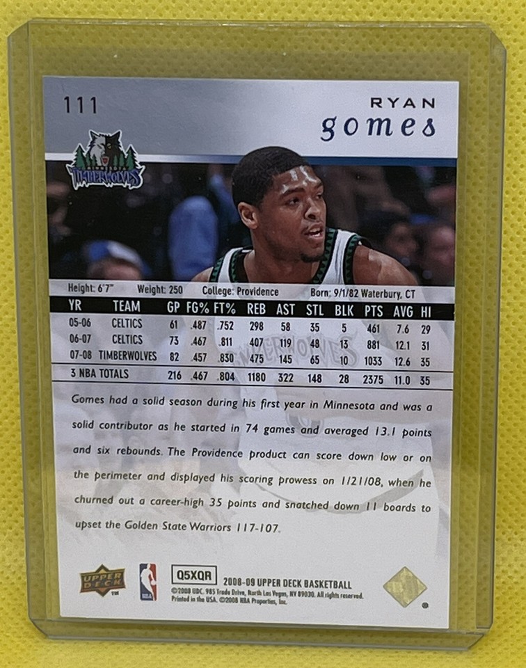 Ryan Gomes 2008-09 Upper Deck #111 Minnesota Timberwolves | eBay