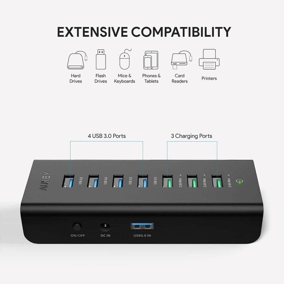 AUKEY USB Hub with 4 USB 3.0 Data Ports and 3 Charging Ports, Used | eBay